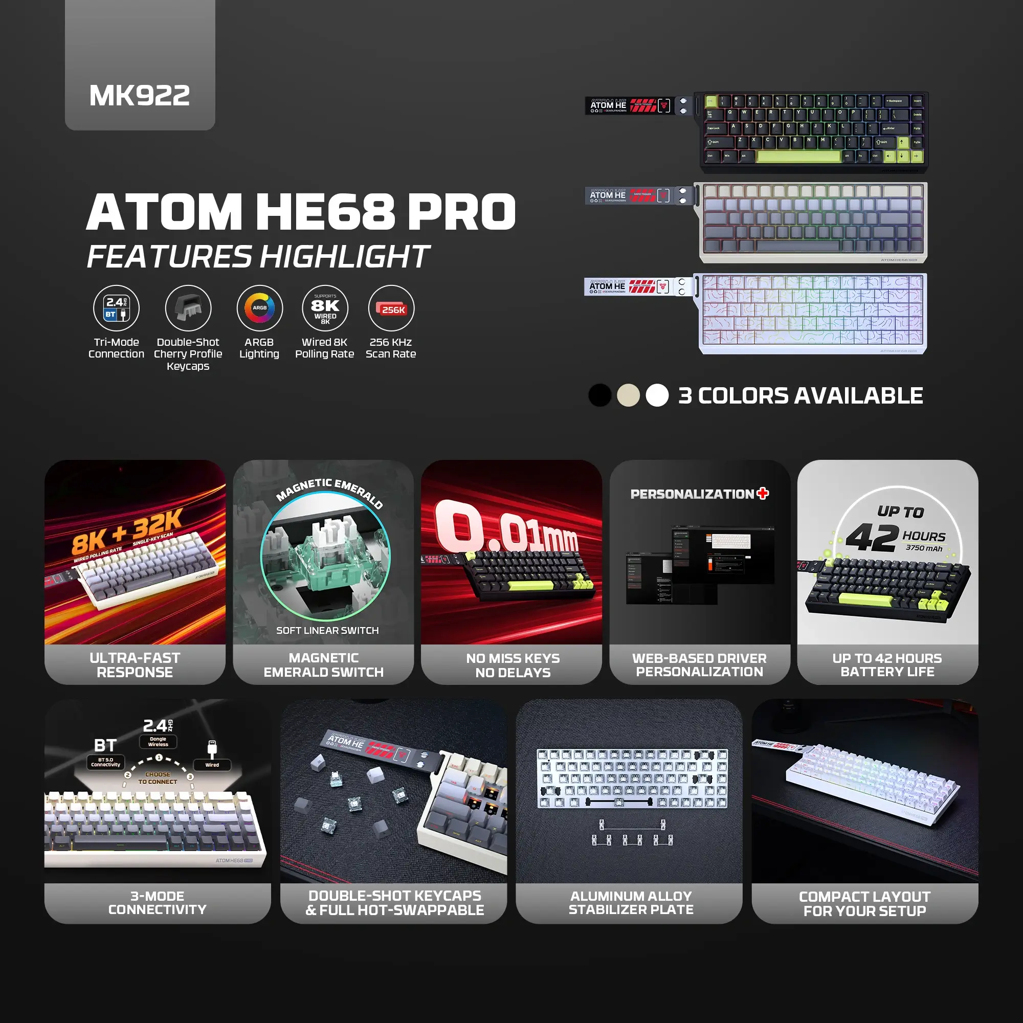 FANTECH MK922 ATOM HE68 PRO Wireless Magnetic Gaming Keyboard - Retro ...