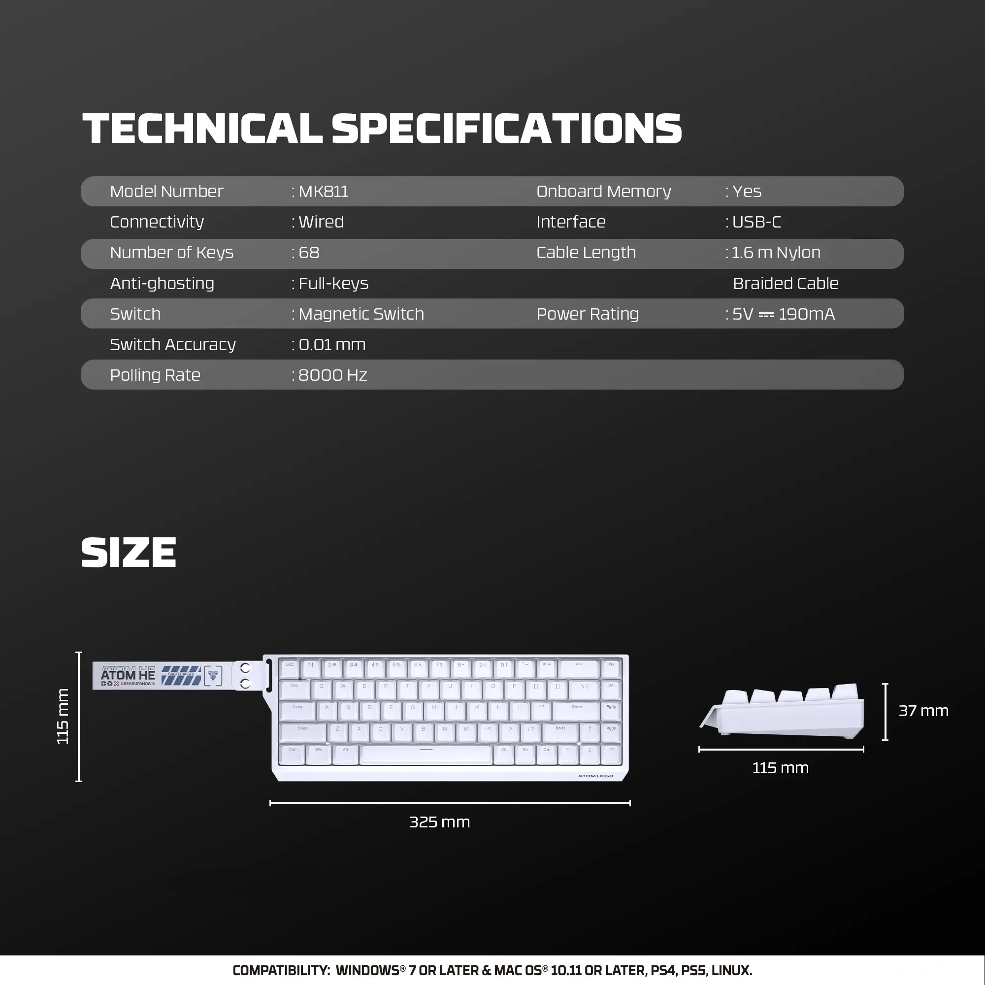 FANTECH ATOM HE68 MK811 Wired Magnetic Gaming Keyboard White (8K ...