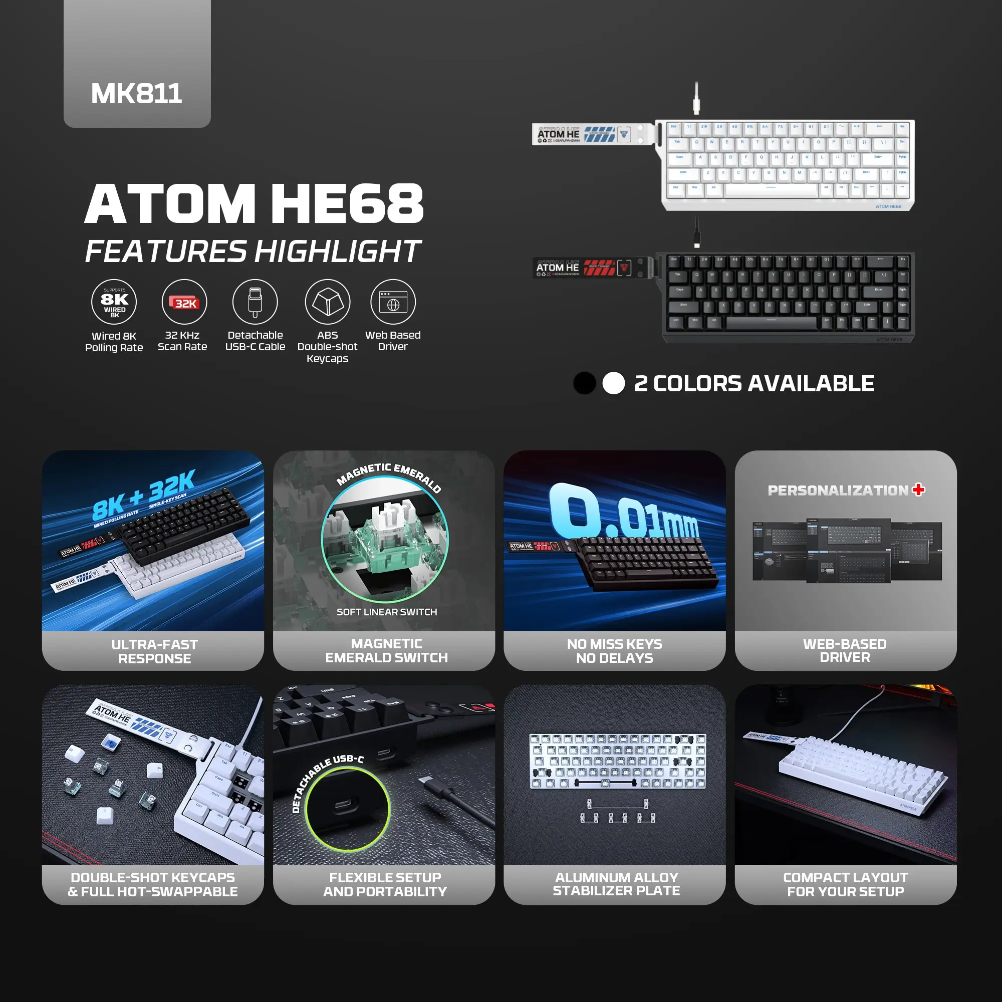 FANTECH ATOM HE68 MK811 Wired Magnetic Gaming Keyboard White (8K ...